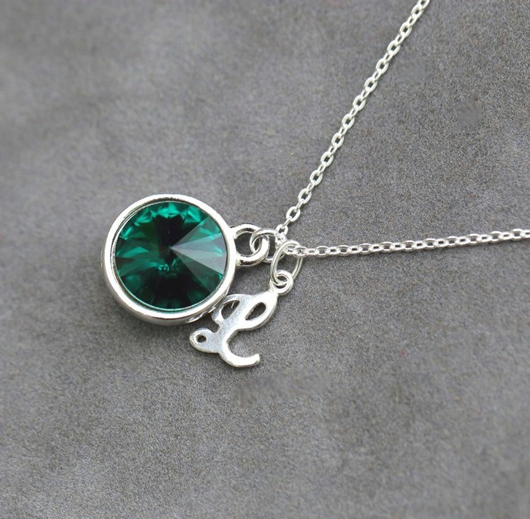 May Birthstone Necklace, Personalized Initial Jewelry, Emerald Green ...