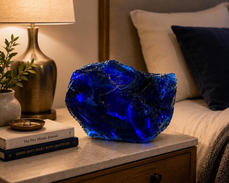 Blue Obsidian Glass Raw Chunk, Deep Ocean Blue Freeform Crystal Display ...
