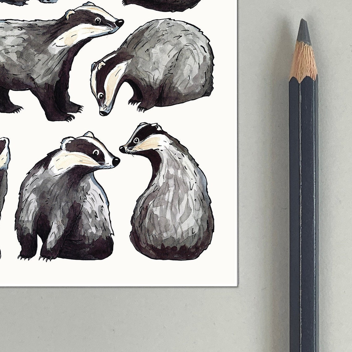 Badger watercolour postcard cete of badgers postcard notelet | Etsy