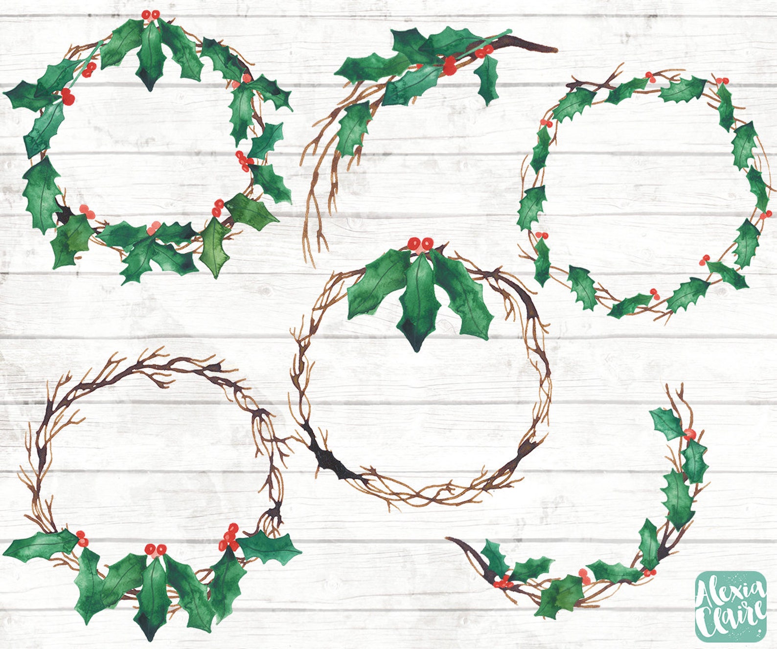 Holly Wreath Clipart Watercolour Christmas Clipart - Etsy