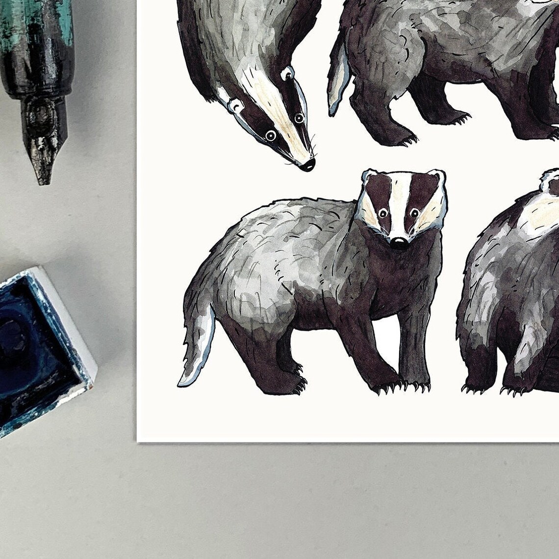 Badger watercolour postcard cete of badgers postcard notelet | Etsy