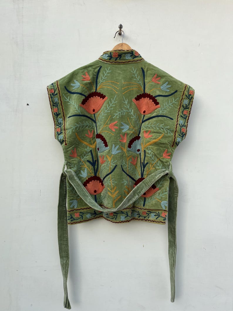 Green Velvet Vest Embroidered Floral Jacket – Handmade Artisan Design ...