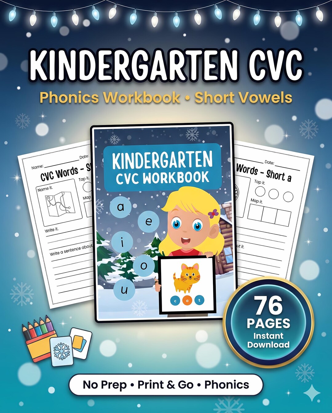 Kindergarten CVC Worksheets | Short Vowel Phonics Workbook | Word Work ...