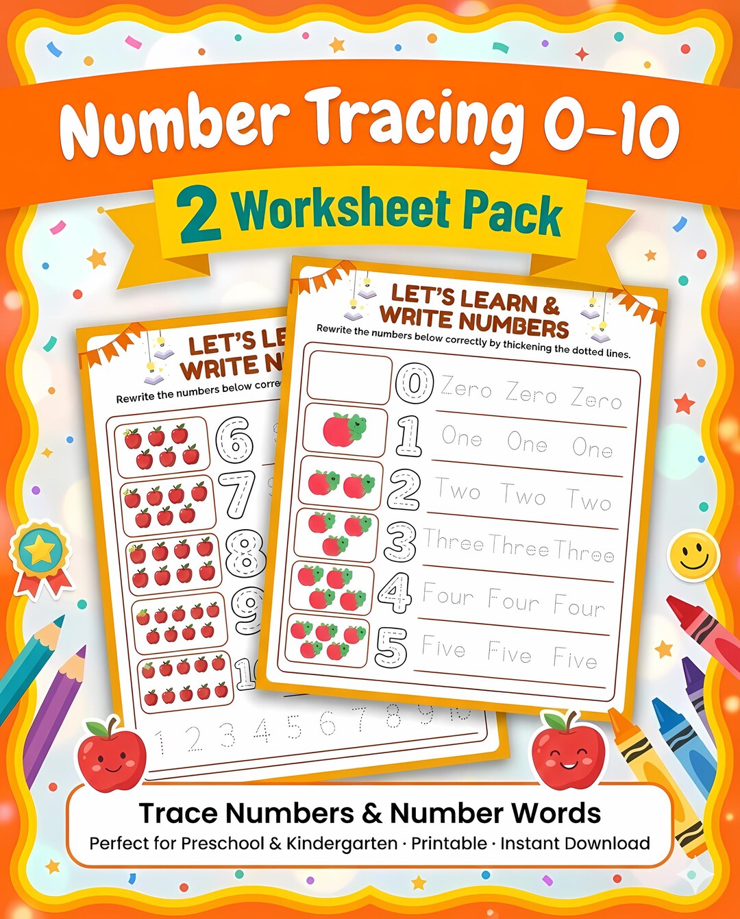 Number Tracing 0‑10 Worksheets, Trace Numbers & Number Words, Preschool ...