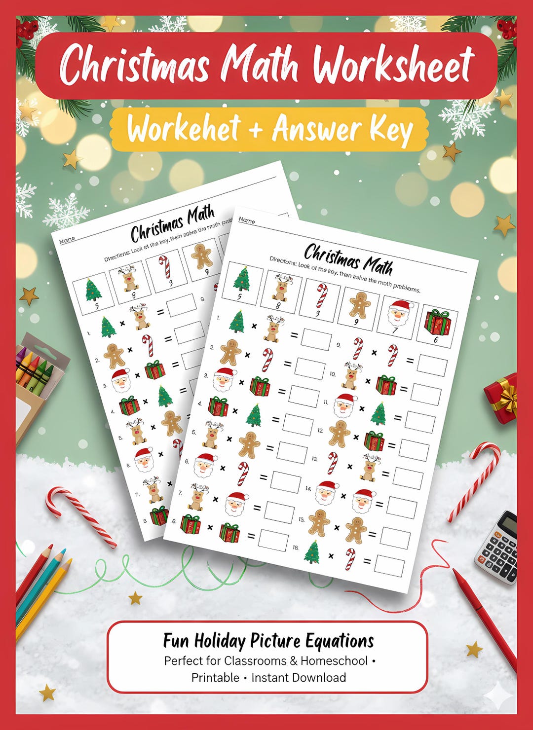 Christmas Math Worksheet for Kids Printable PDF | Picture Equations ...