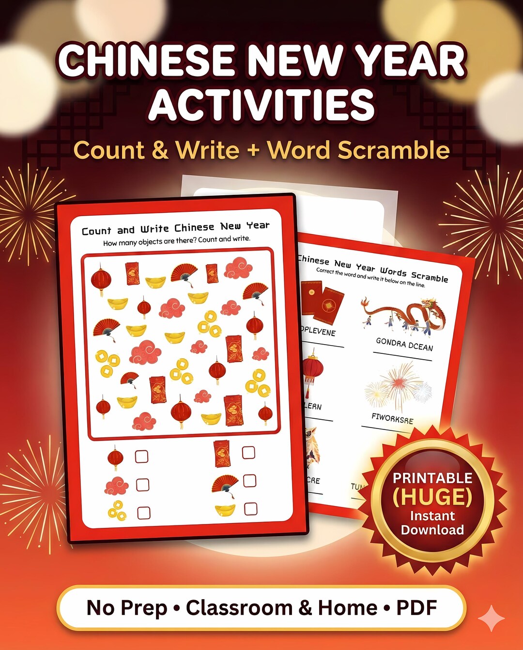 Chinese New Year Activities Printable, Count and Write Worksheet + Word ...