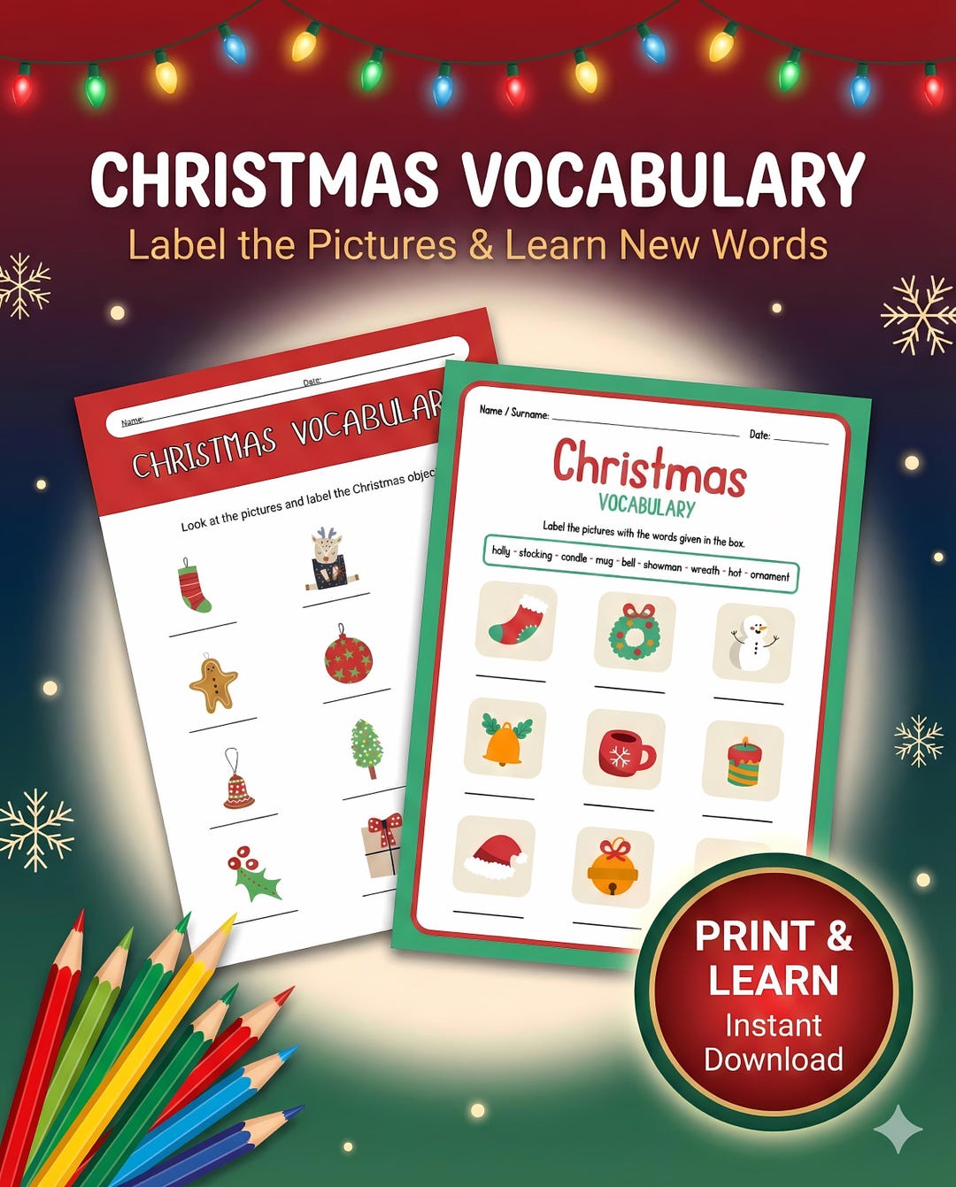 Christmas Vocabulary Worksheet Printable PDF, Label the Pictures ...