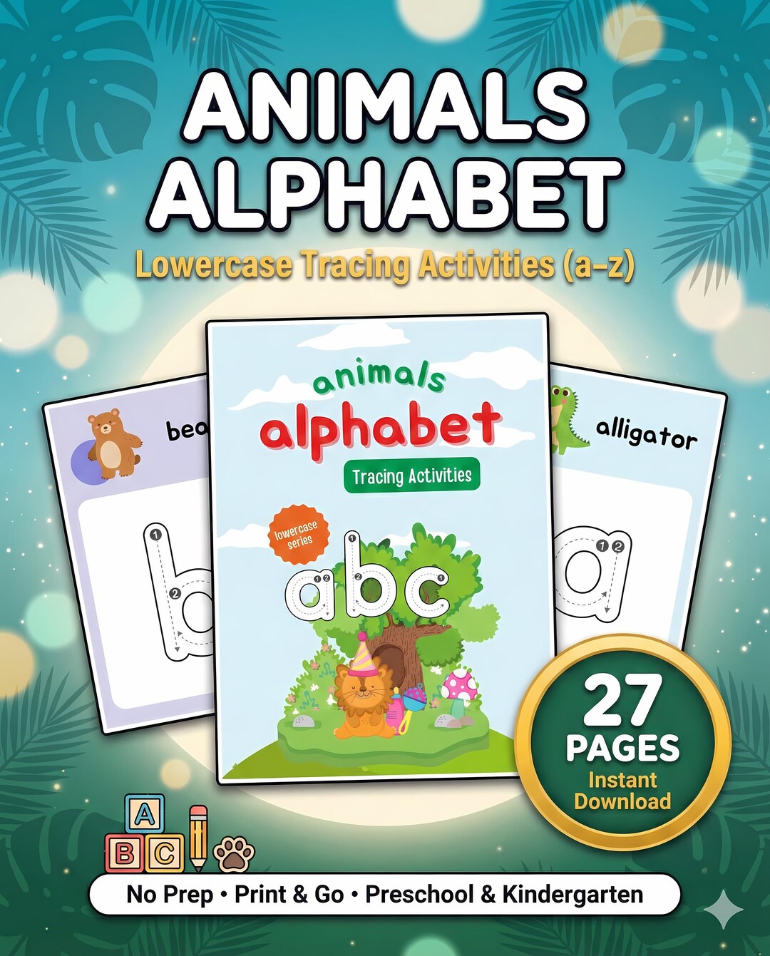 Animal Alphabet Lowercase Tracing Printable PDF, A-Z Letter Tracing ...