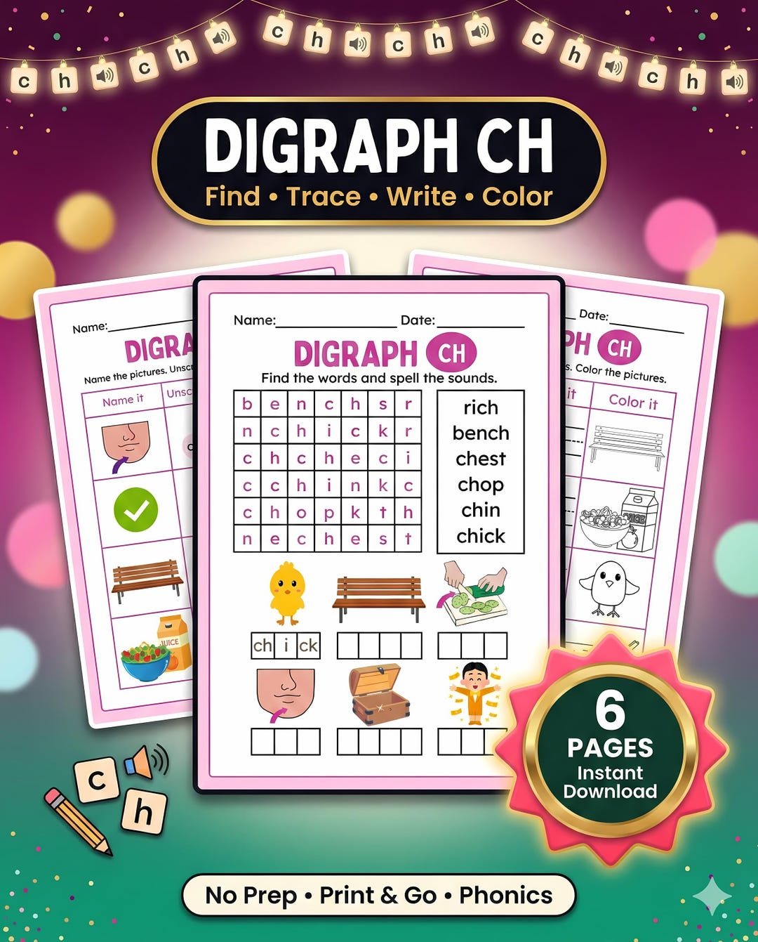 Digraph CH Worksheets | No Prep Phonics Packet | Print & Go ...