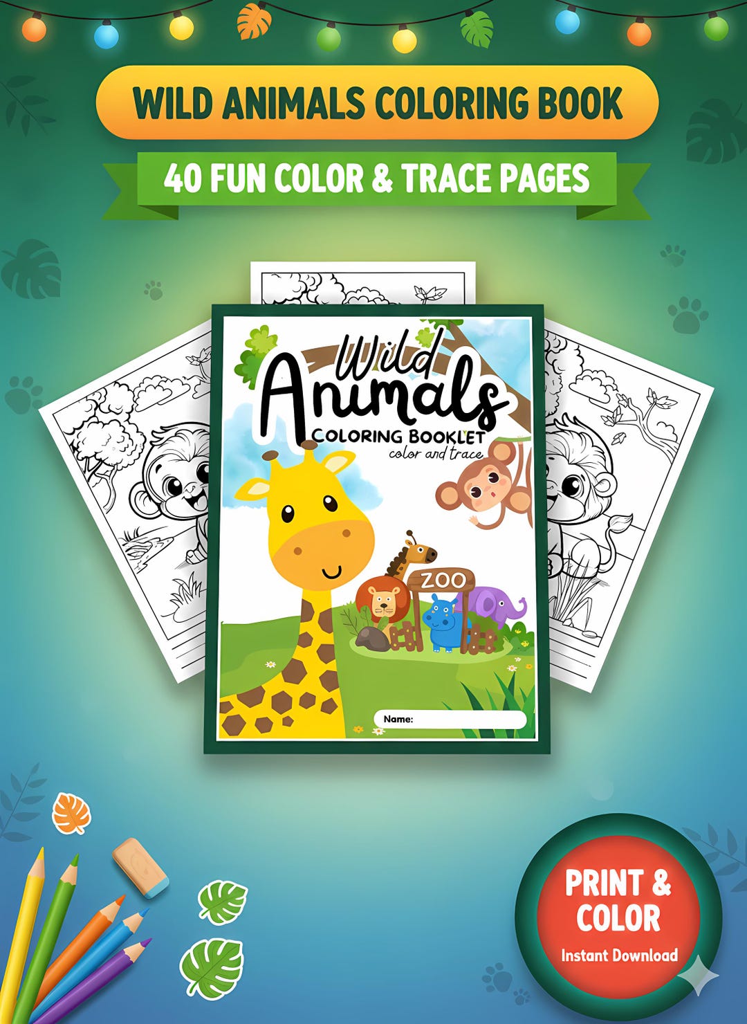 Wild Animals Coloring Book for Kids, 10 Color and Trace Pages, Zoo ...
