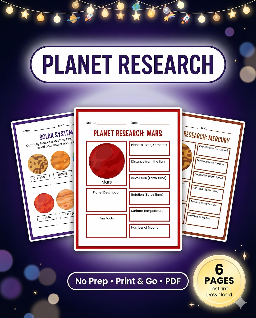 Planet Research Worksheets Printable PDF | Mars Mercury Report Template ...