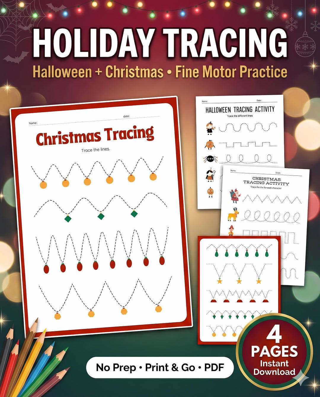 Holiday Tracing Worksheets Printable PDF, Halloween & Christmas Tracing ...