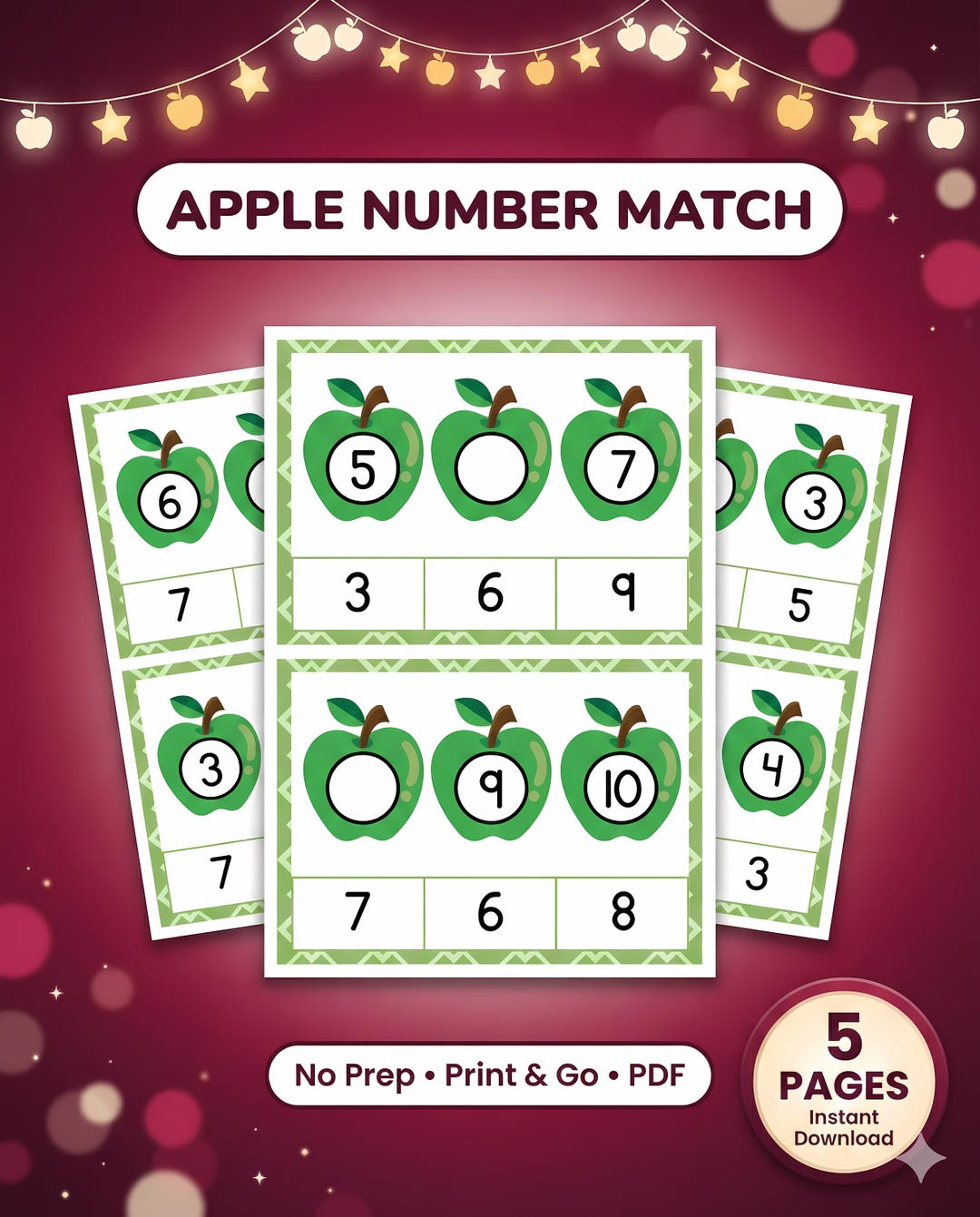 Apple Number Match Printable PDF | Number Recognition 1-10 Math Center ...