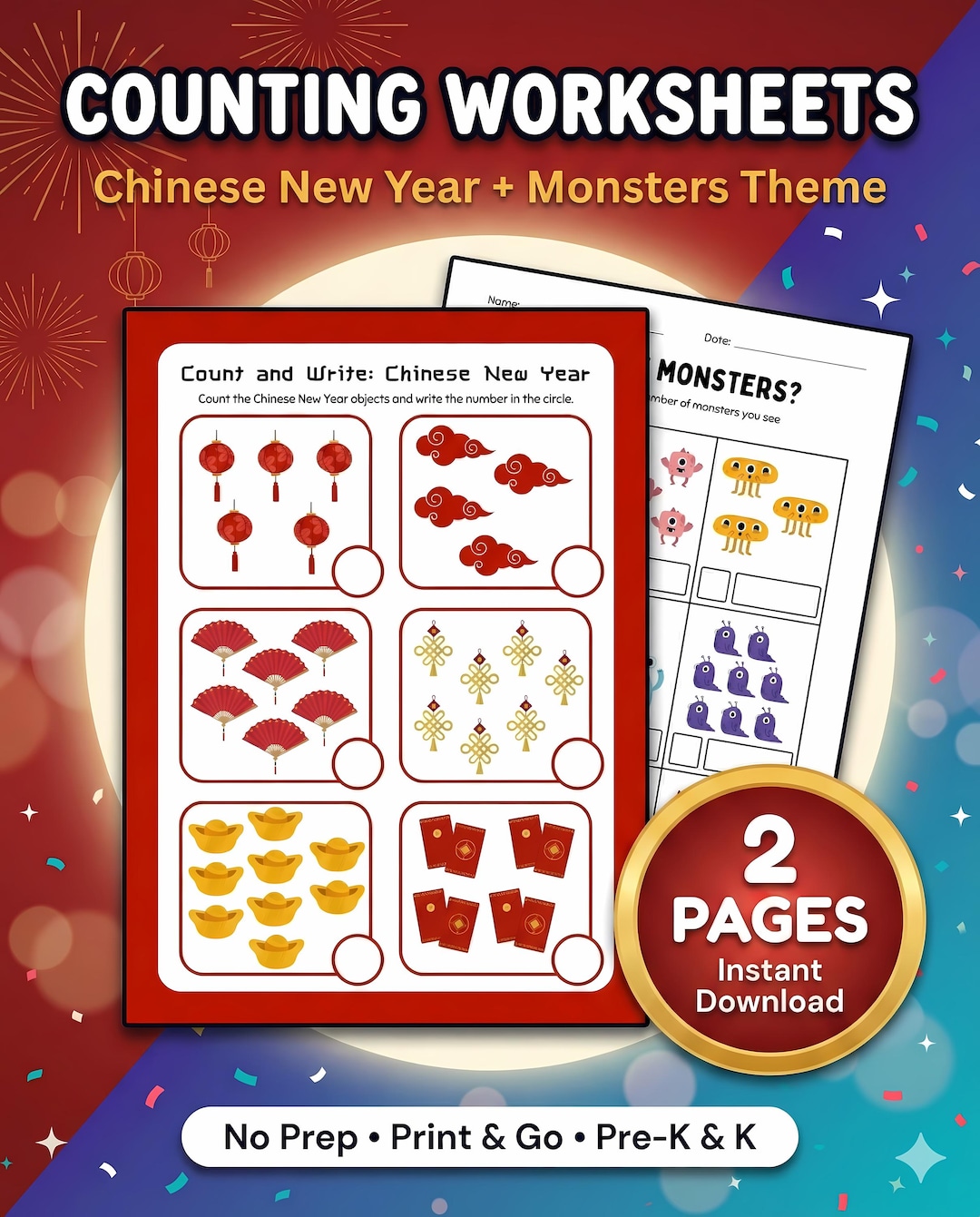 Chinese New Year Counting Worksheets Printable, Count & Write, Monster ...