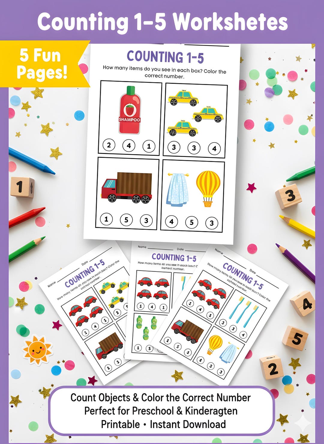 Counting 1 5 Worksheets for Preschool Printable PDF | Count and Color ...