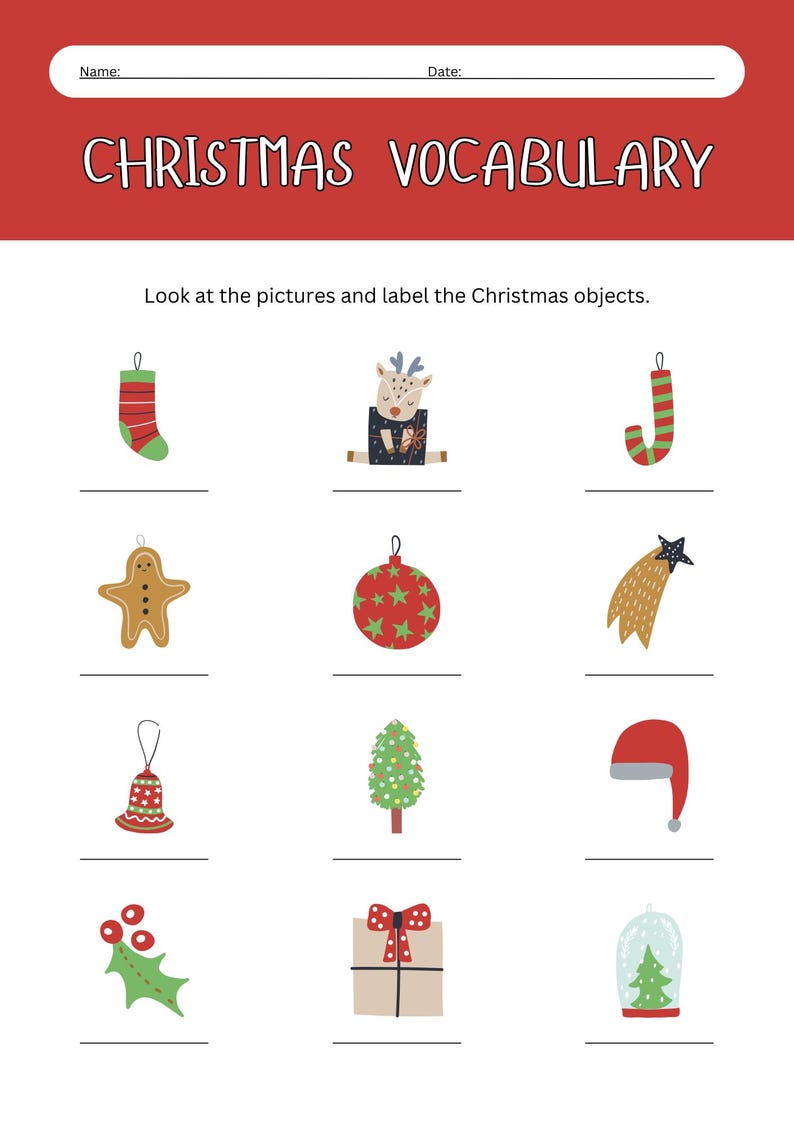 Christmas Vocabulary Worksheet Printable PDF, Label the Pictures ...