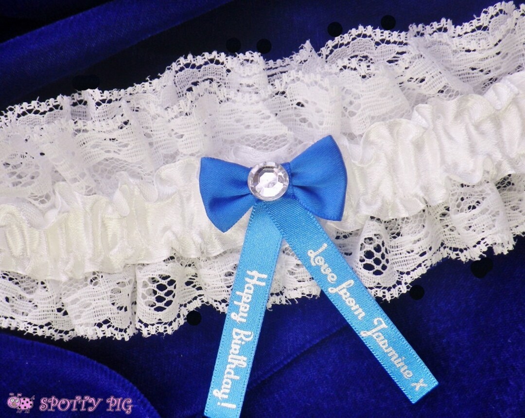 Personalised Happy Birthday Royal Blue & Ivory White Garter, Handmade ...