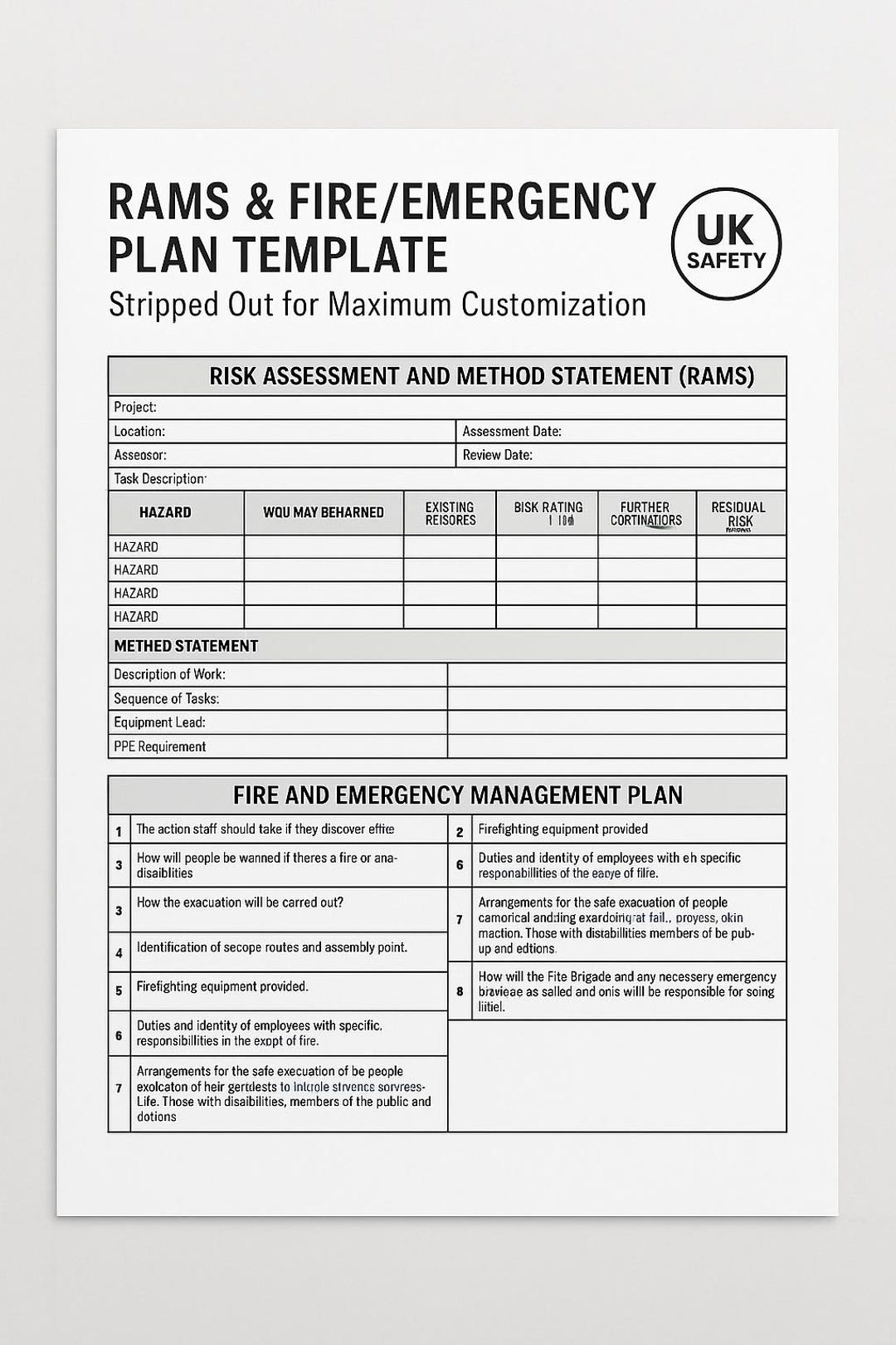 RAMS Template UK, Fire Safety Plan, Editable Risk Assessment of Method ...