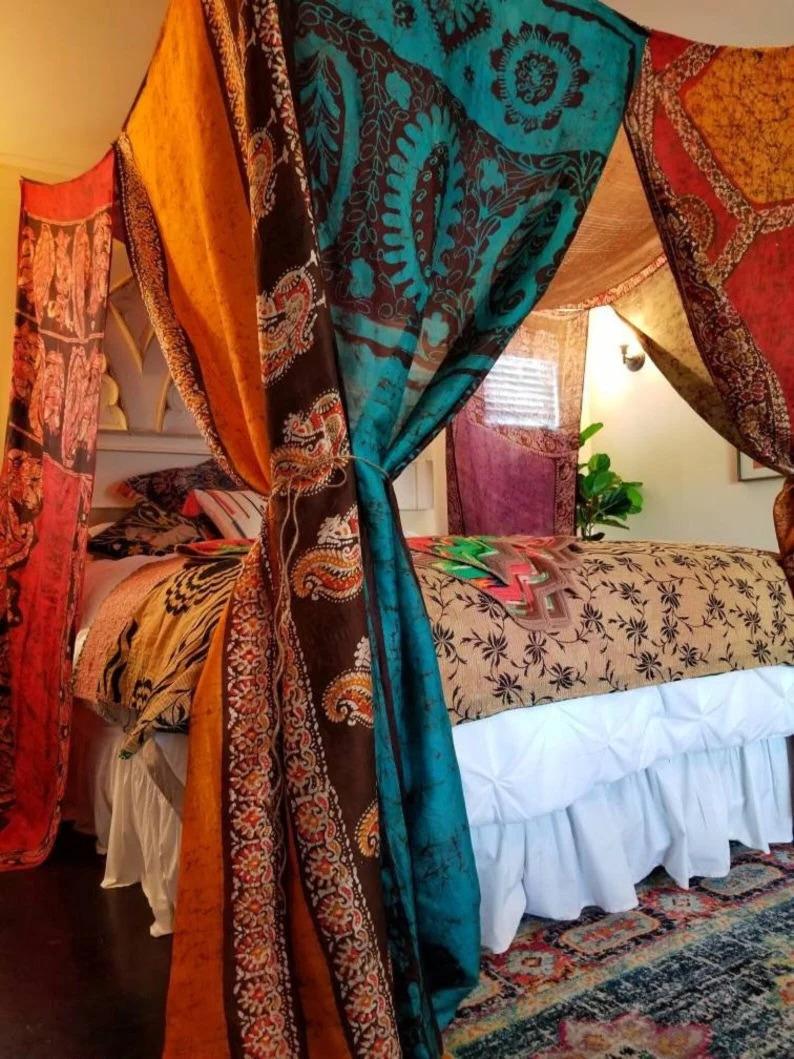 Boho Sari Canopy | Handmade Bed Drapes | Vintage Indian Fabric ...