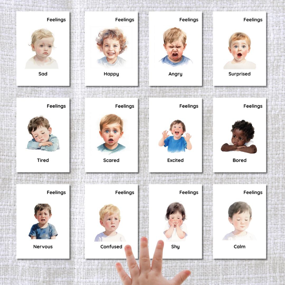 12 Watercolor Feelings Jumbo 5x7" Flashcards | Montessori Kids Learning ...