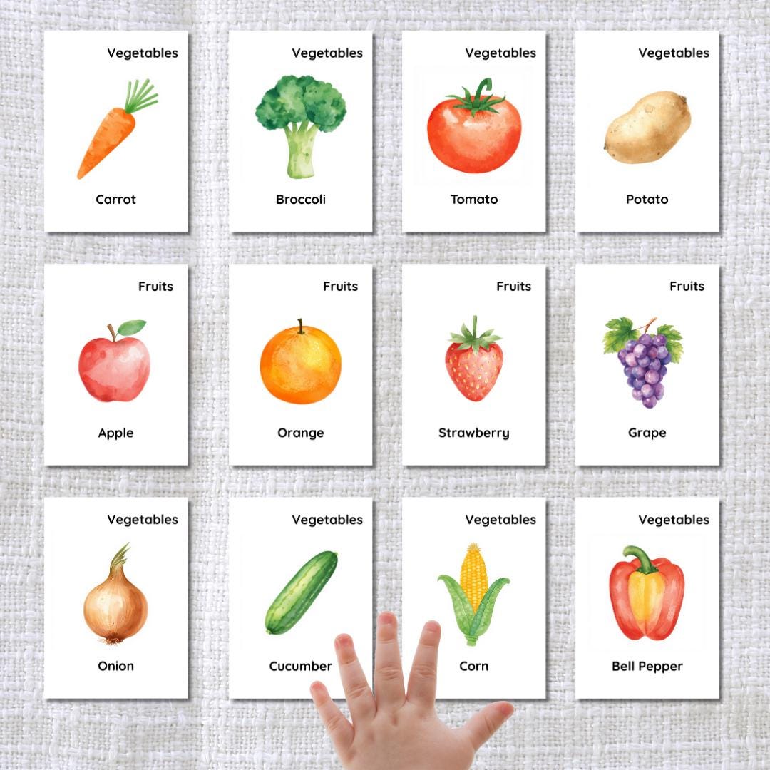 40 Printable Montessori Vegetables and Fruits Flashcards | Watercolor ...