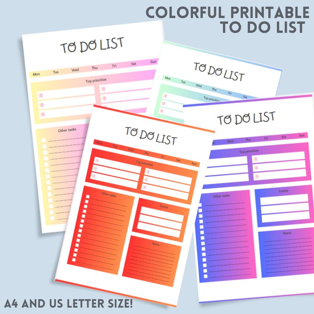 Printable Colorful to Do List – A4 & US Letter – 4-page PDF – Instant ...