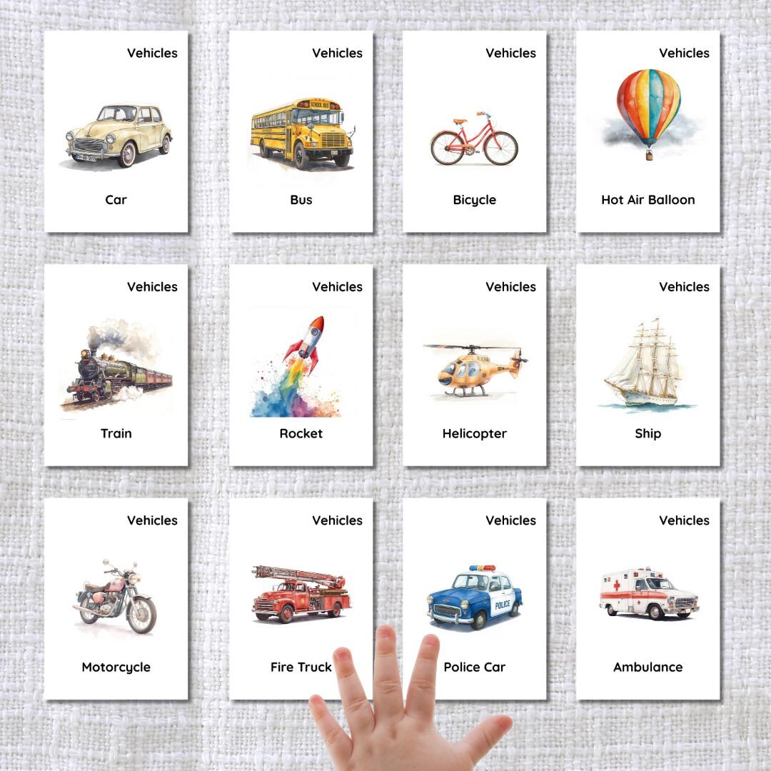Watercolor Vehicle Flashcards | Montessori Transportation Cards ...