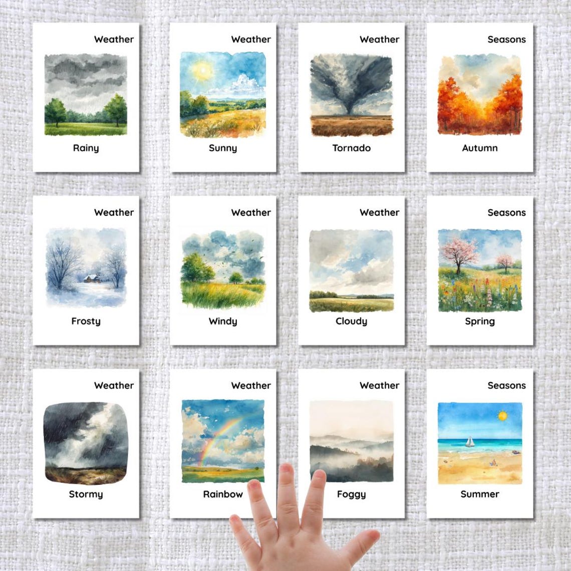 Printable Weather and Seasons Flashcards | Montessori Watercolor ...