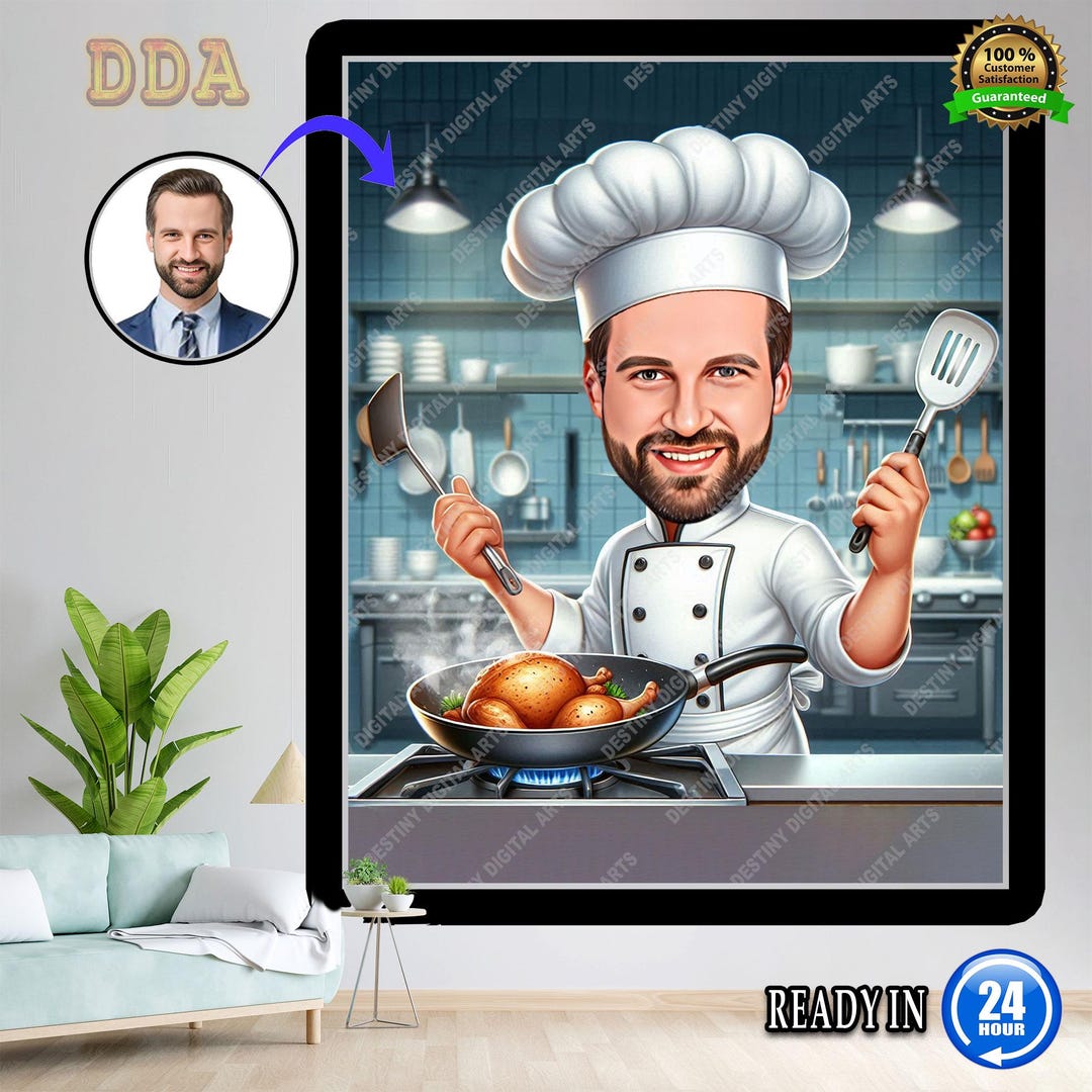 Custom Male Chef Cartoon Portrait, Kitchen Caricature Drawing, Fun ...