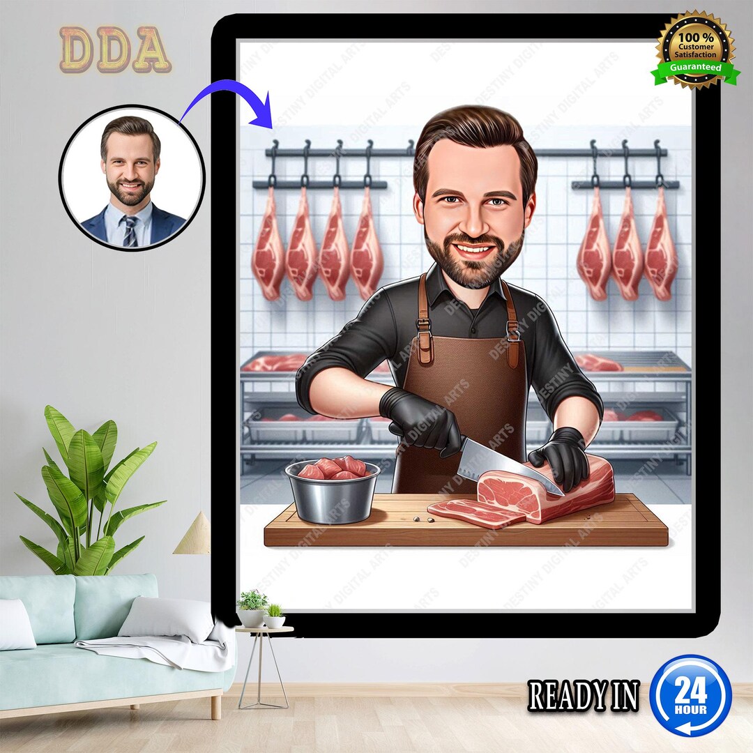 Custom Male Butcher Cartoon Portrait, Meat Cutter Caricature Drawing ...
