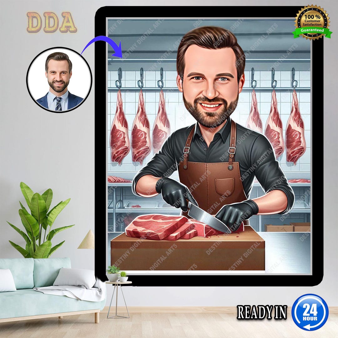 Custom Male Butcher Cartoon Portrait, Meat Cutter Caricature Drawing ...