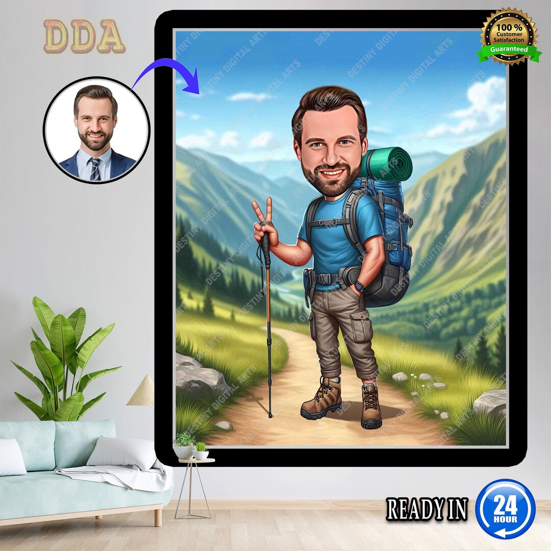 Personalized Hiking Cartoon Portrait, Hiking Portrait, Gift for Hiking ...