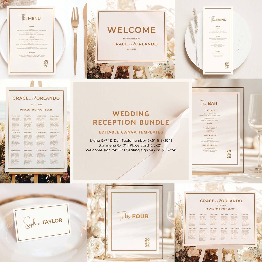 Editable Wedding Reception Bundle That Includes Menu, Bar Menu, Table ...