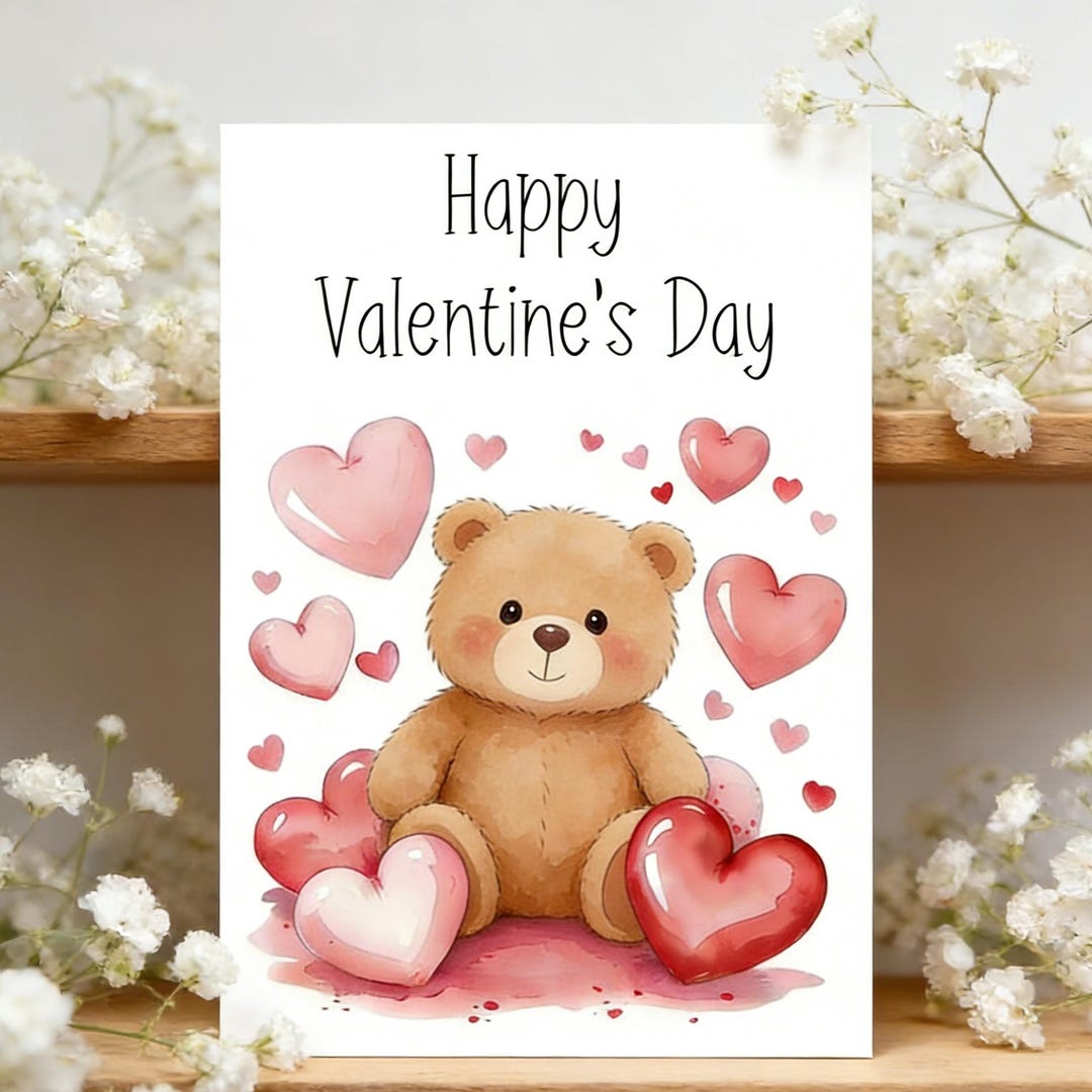 Cute Teddy Bear Valentine's Day Card ,watercolor Heart Design Greeting ...