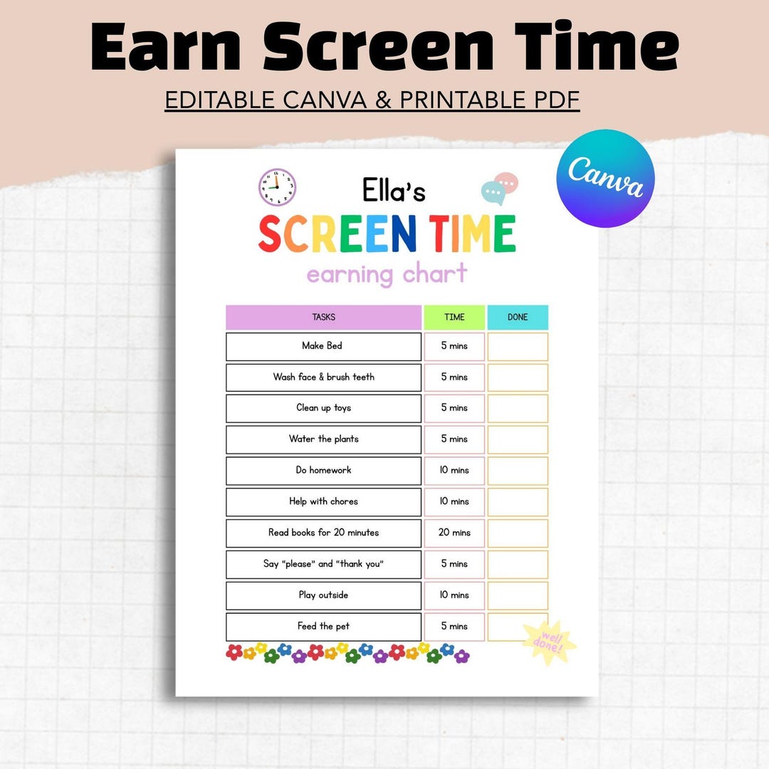 Behavior Chart, Earn Screen Time Cleaning Checklist: Kids Weekly Chore ...