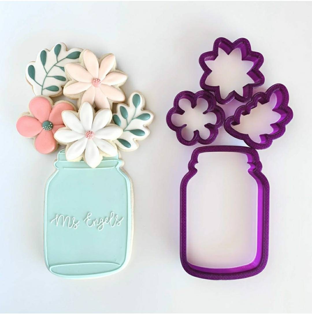 Mason Jar With Flowers and Leaf Set of 4 Cookie Cutter and Fondant ...