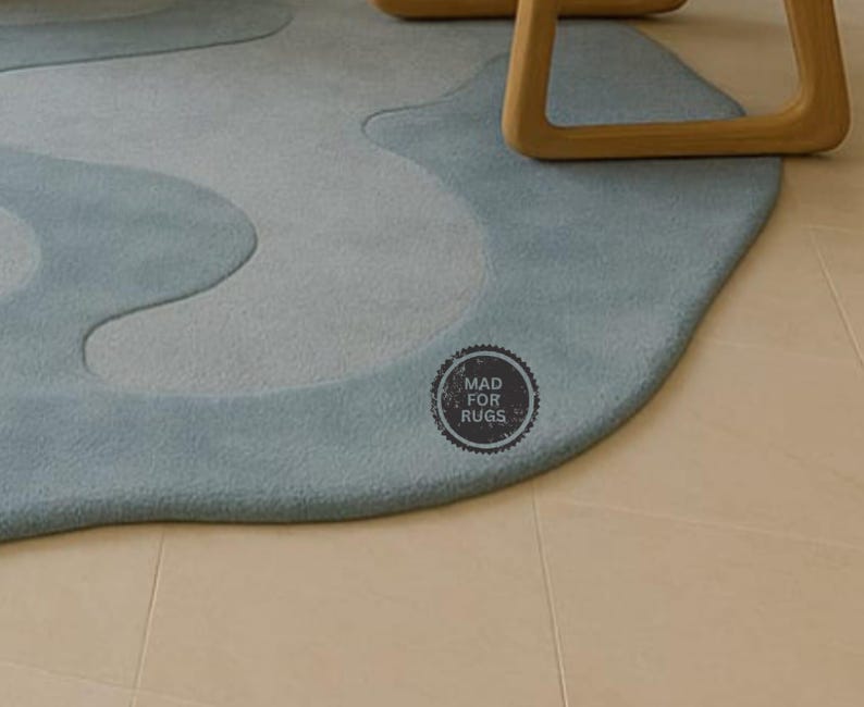 Handmade Irregular Tufted Blue Rug – Modern 8x10 or 9x12 Wavy Area Rug ...