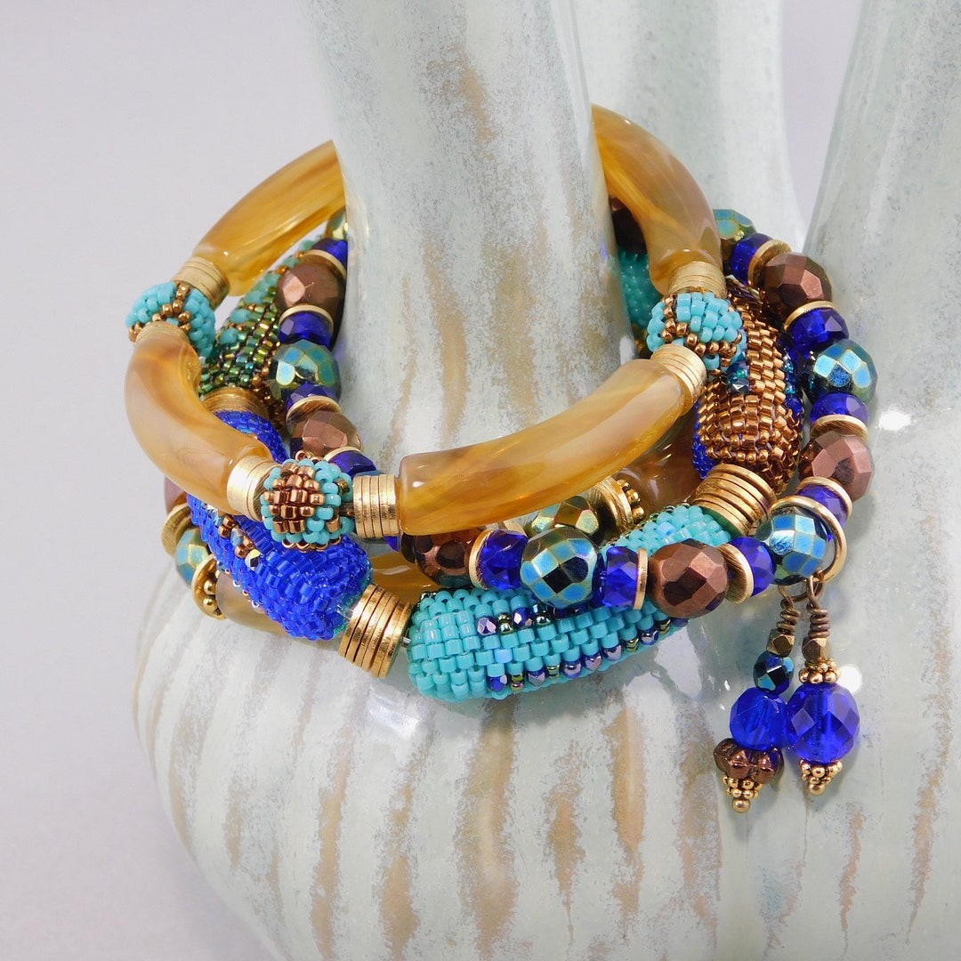 Chunky Elegant Beaded Bangle Bracelet Stack, Comfortable Stretch ...