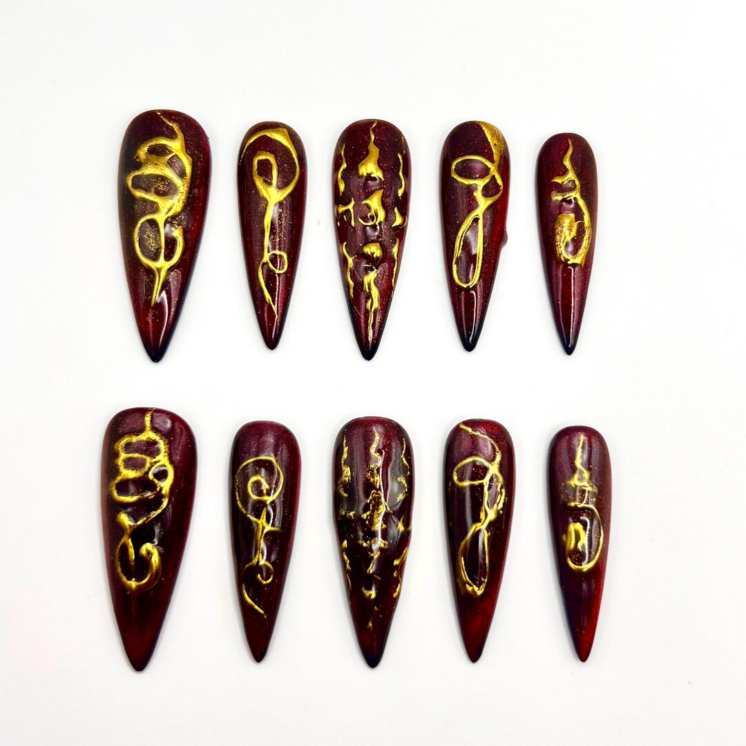 Thai Calligraphy Press on Nails: Hand-sculpted Gold & Crimson Gel Art ...