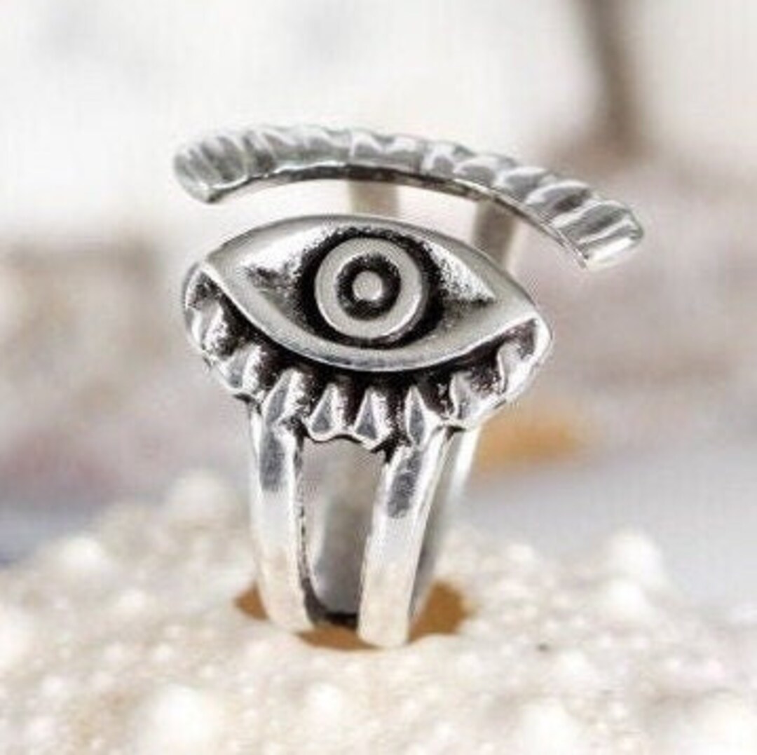Silver Evil Eye Protection Ring, Bohemian Ethnic Ring, Unique Midi ...