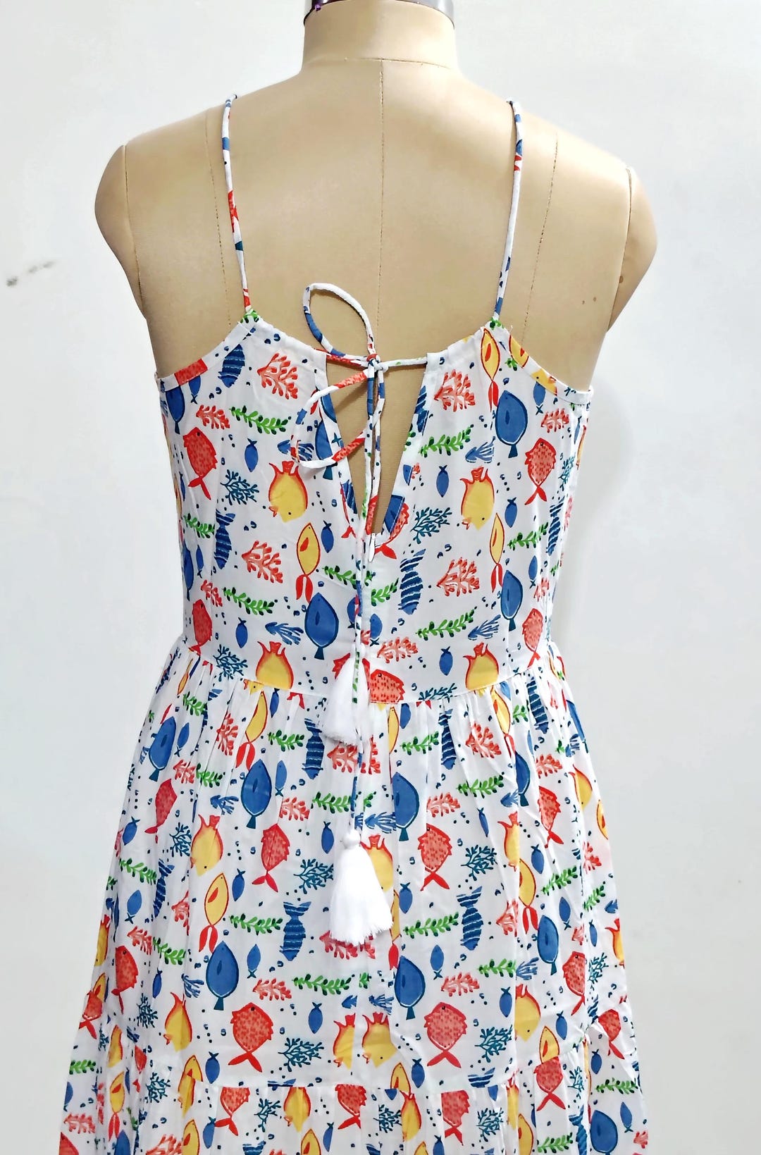 Fish Print Cotton Long Dress Halter Neck With Tassel Tie Back Summer ...