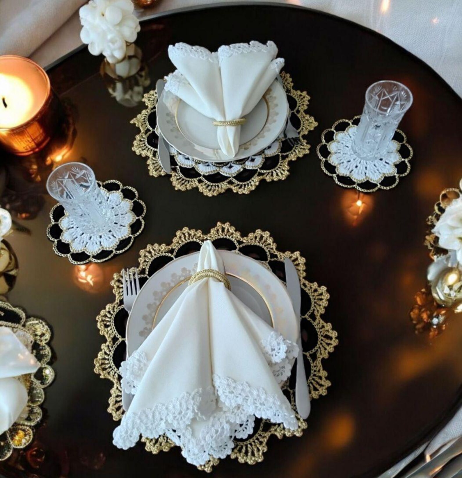 Elegant Black White Gold Crochet Doily Set – Handmade Mandala Placemats ...
