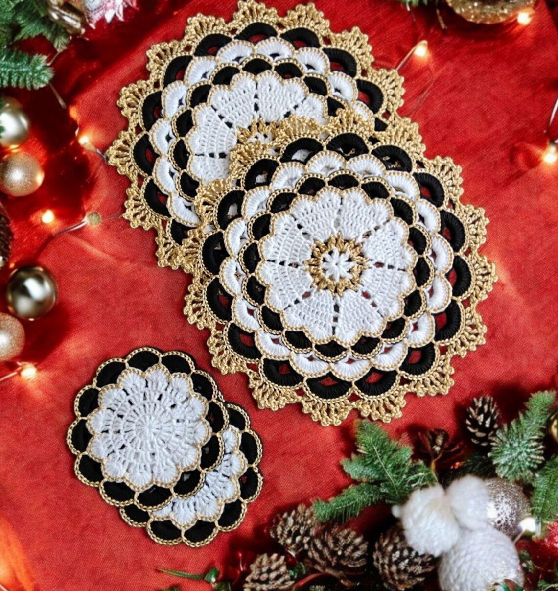 Elegant Black White Gold Crochet Doily Set – Handmade Mandala Placemats ...