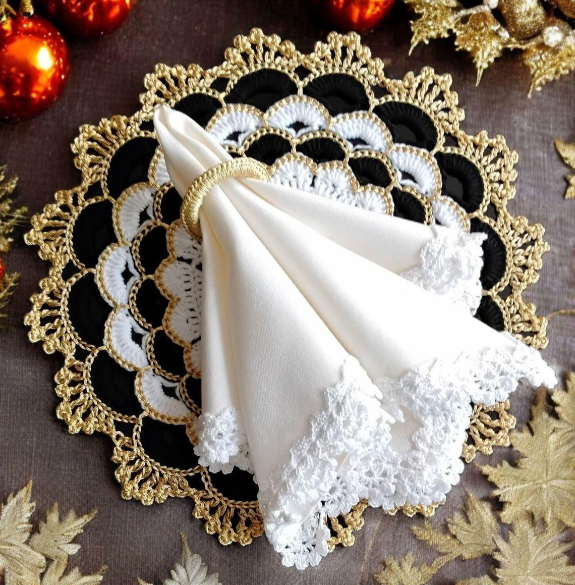 Elegant Black White Gold Crochet Doily Set – Handmade Mandala Placemats ...