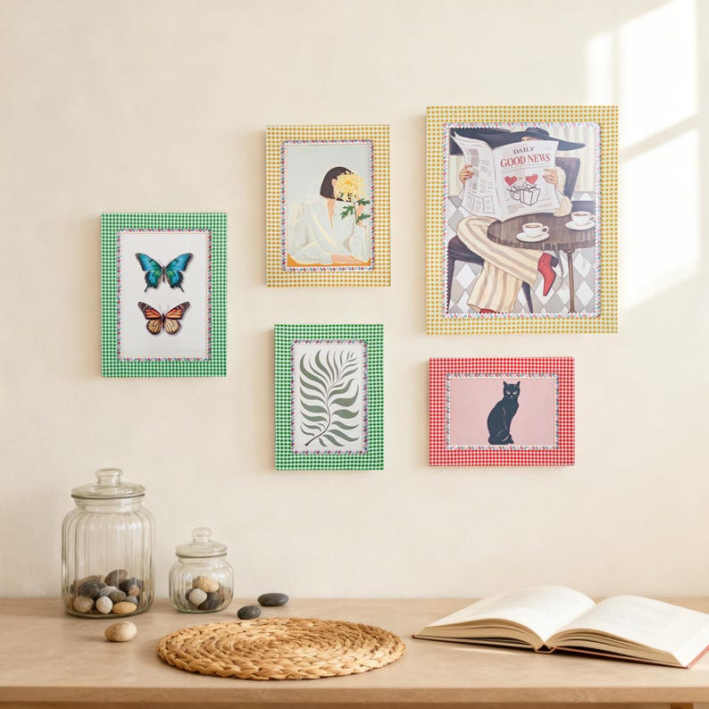 Retro Gingham Gallery Wall Photo Frame Set With Cute Mix & Match Decor ...
