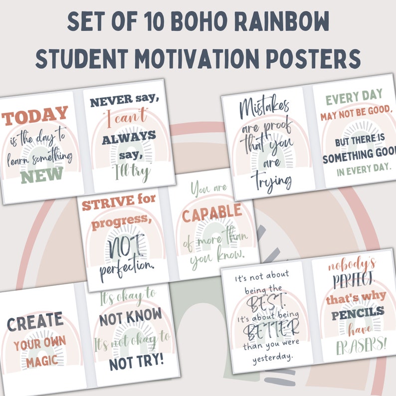 Boho Rainbow Student Motivation Posters Teacher Digital - Etsy