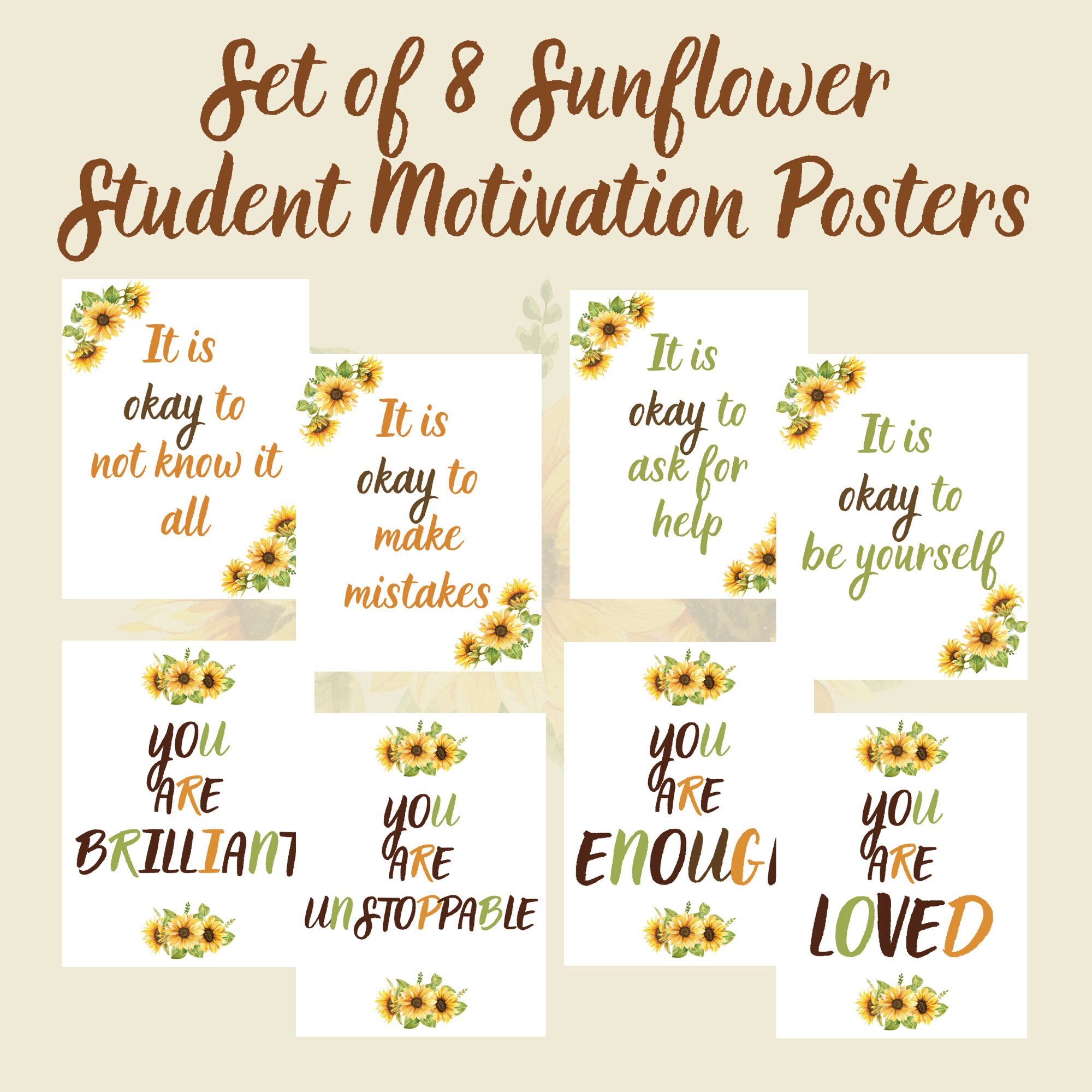NEW Sunflower Student Motivation Posters Teacher Digital Prints Back to ...