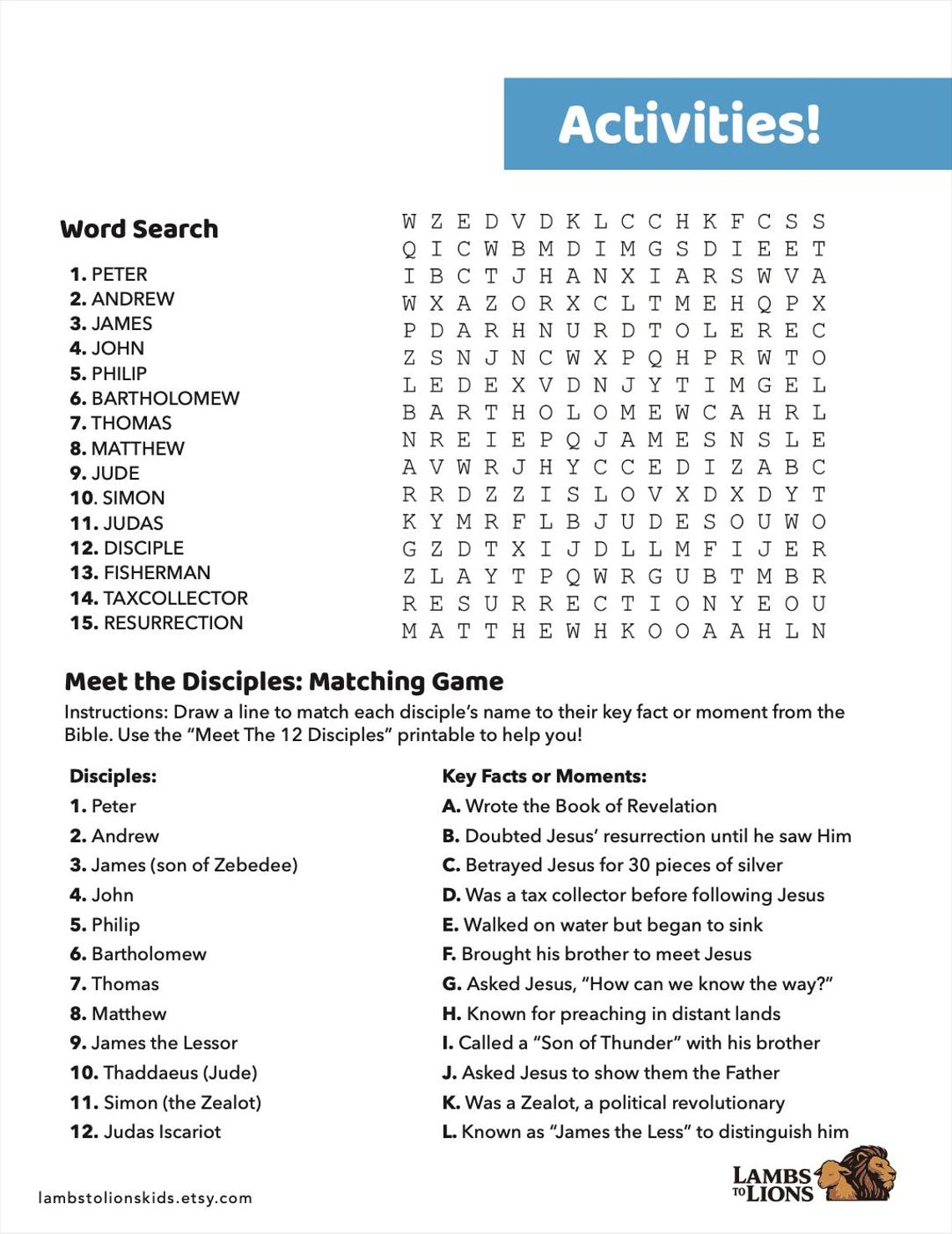 12 Disciples Activity Pack for Kids | Christian Bible Lessons ...