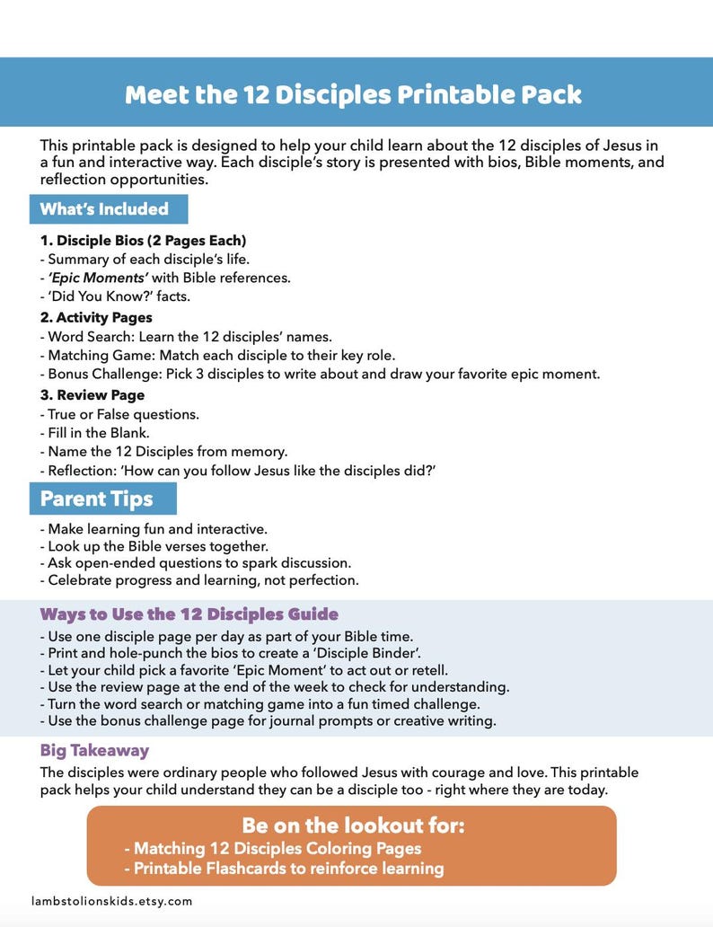 12 Disciples Activity Pack for Kids | Christian Bible Lessons ...