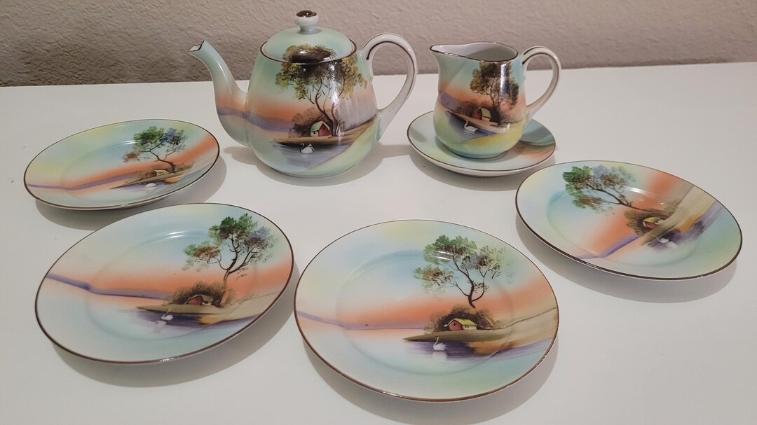 Vintage Japanese Lusterware Tea Set - Hand Painted Cottage Scene With ...